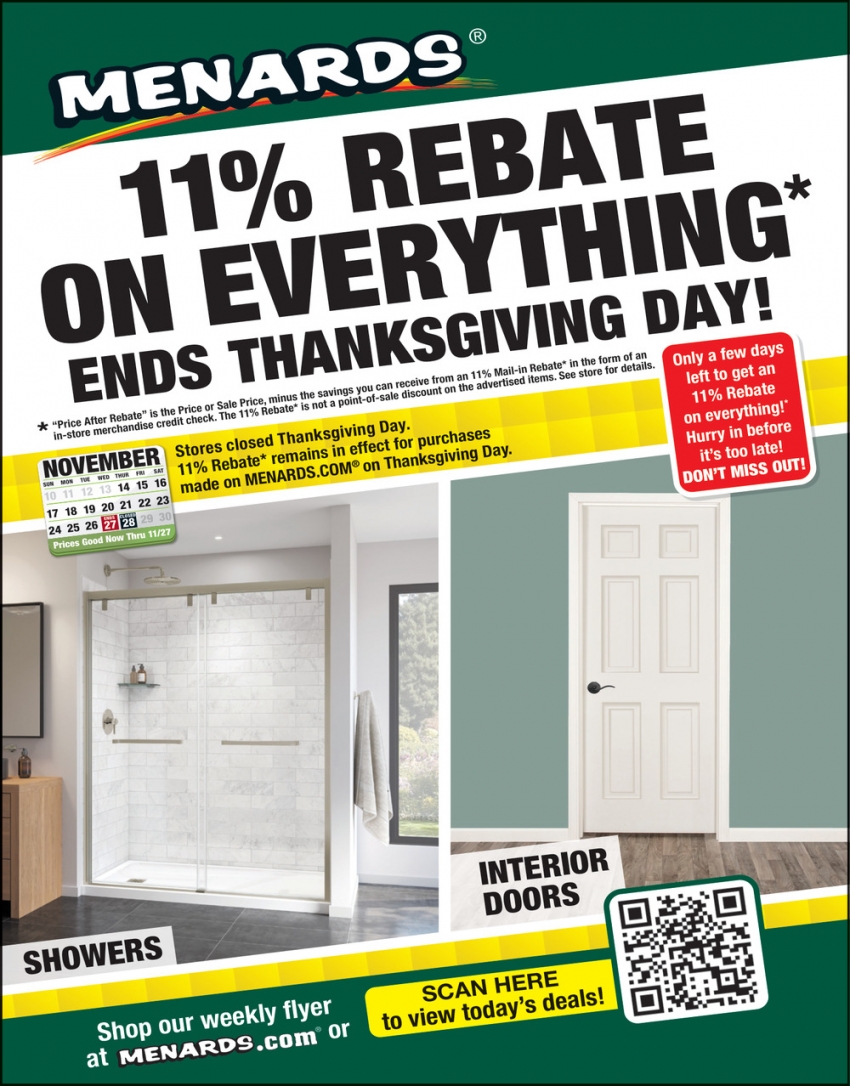 11% Rebate on Everything End Thanksgiving Day!, Menards, Dundas, MN