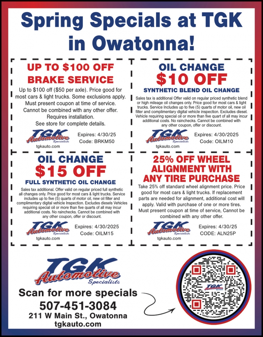Spring Specials at TGK in Owatonna!, TGK Automotive Specialists ...